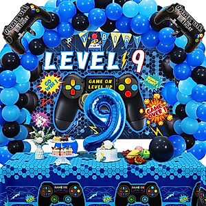 Vlipoeasn 90PCS 9th Birthday Video Game Party Decorations for Boys Set Blue 9th Birthday Supplies -9th Video Game Backdrop, Balloons, Tablecloth, Gamer and 9 Foil Balloons for 9th Birthday Party