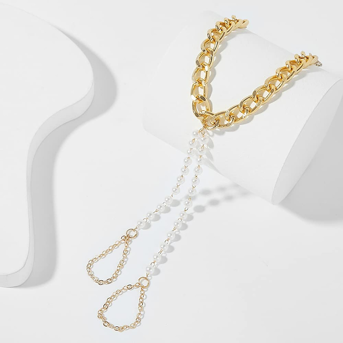 Jumwrit Pearl Finger Ring Bracelet Hand Harness Slave Chain Bracelet Gold Silver Link Hand Chain Bracelet Love Heart Butterfly Bracelet for Women and Teen Girls(Style 3)