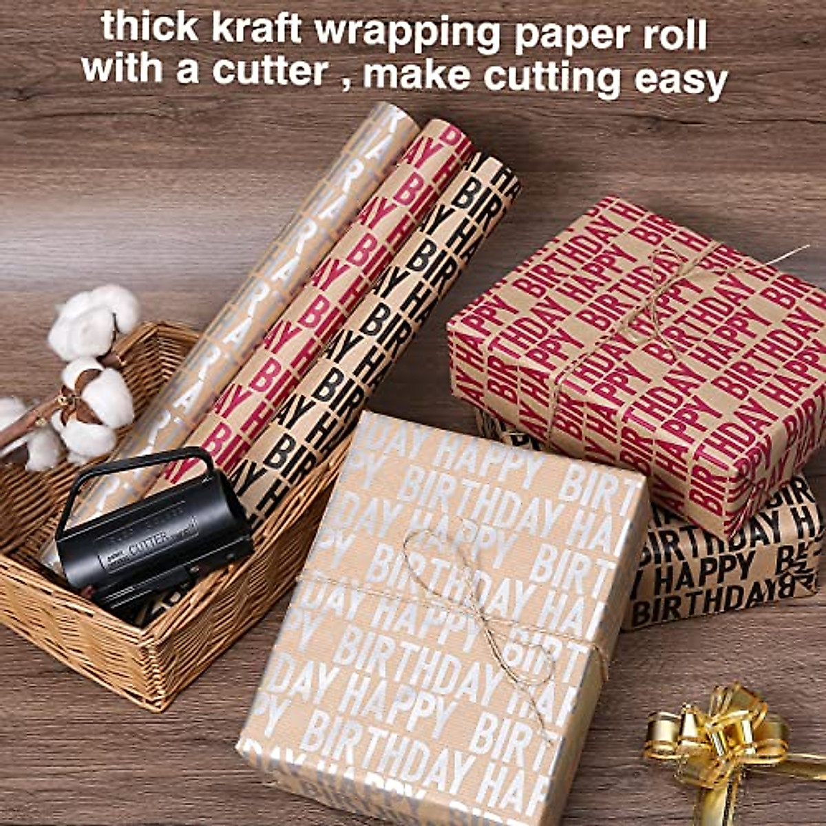 THMORT Birthday Wrapping Paper Roll with a Cutter Kit for Boys&Girls,Adults,Kids.17 Inch X 120 Inch Kraft Gift Wrapping Paper Roll Silver Black Red Happy Birthday Retro Fonts.