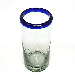 MexHandcraft Cobalt Blue Rim 14 oz Highball Glasses (set of 6), Recycled Glass, Lead-free, Toxin-Free (Highball)