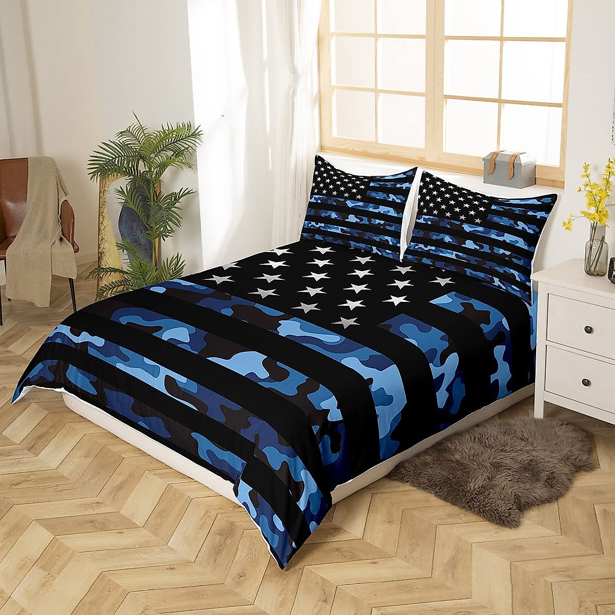 Blue Camo American Flag Full Size Duvet Cover Set,Camouflage Stars Stripes USA Flag Duvet Cover for Girls Teens Decorative Bedroom,Navy Blue Black Polyester Quilt Cover with 2 Pillowcases