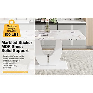 Goujxcy Modern White Marble Dining Table for 4 6 8, Kitchen Dining Room Table with White Marble Tabletop and Large U-Shape Pedestal Base Dinner Table for Dining Room (White9)