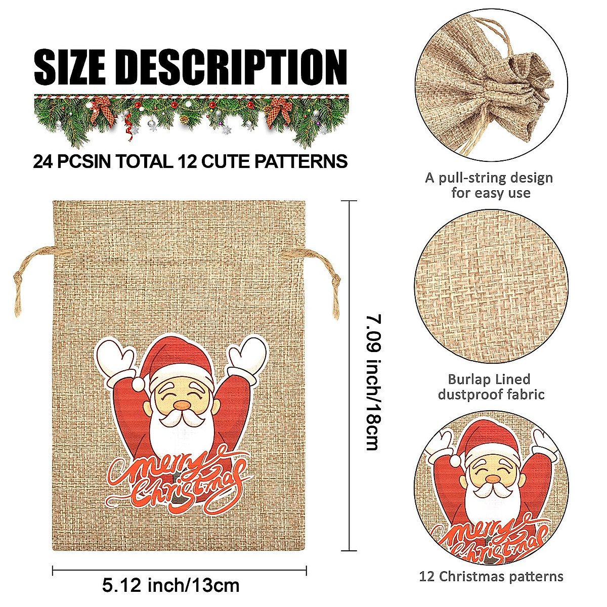 TANGXIA Christmas Small Burlap Bags with Drawstring, Burlap Gift Bags Christmas Linen Treat Sacks Gift Wrapping Bags Xmas Holiday Party Favors Bags(7x5 inch, 24 Pcs)