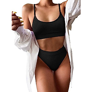 Lilosy High Waisted Tummy Control Bikini Ribbed Sporty Brazilian Swimsuit Set Women Highwaisted Cheeky Crop Push Up Top Cut Leg Rise Bottom 2 Piece Bathing Suit Black Medium