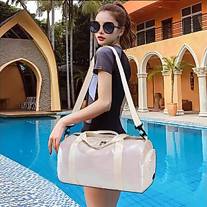 Gym Bag Sports Duffle Bag with Wet Pocket Weekender Overnight Bag with Waterproof Shoe Pouch and Air Hole for Women Girls Travel Foldable Bag (Metallic Beige)