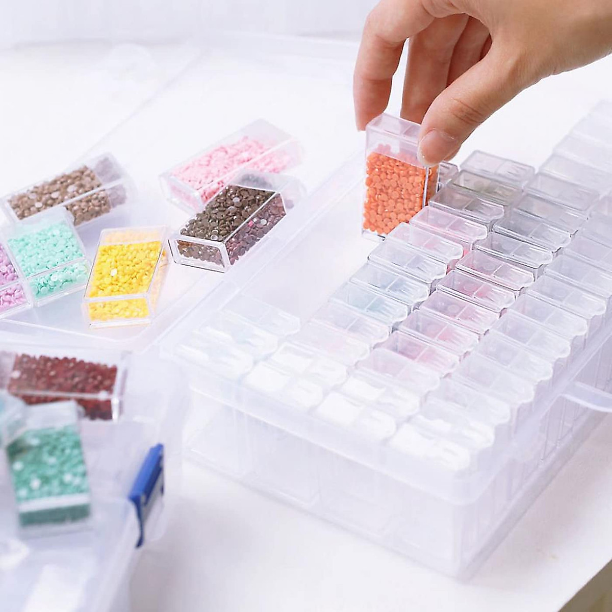 64pcs Grids Bead Organizer and Storage Diamond Painting Containers Portable Plastic Case Box Arts Crafts Storage for Seeds Beads Sewing Cosmetic Nail Glitter Powder Small Parts Rhinestones (Square)