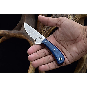 Knives Ranch Handmade Damascus Steel Full Tang 5-1/2" Cowboy Style Dandy Knife with Blue Dyed Cattle Bone Handle and Horizontal Carrying Crossdraw Sheath Snug Fit (2006-BLU)