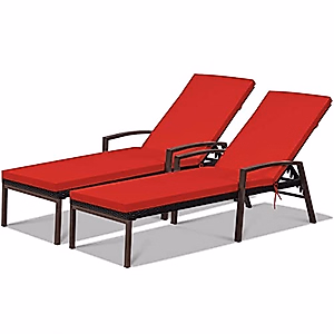 HAPPYGRILL 2PCS Patio Chaise Lounge Chair Outdoor Rattan Wicker Lounge Set Adjustable Backrest Poolside Chaise with Soft Cushions for Beach Pool Backyard Balcony