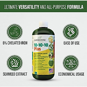 GARDENWISE 10-10-10 Fertilizer for All Purpose Plants - Liquid Fertilizer with Seaweed Kelp & Iron - Plant Food Outdoor & Indoor Plant Food, Vegetables, Flowers, Lawn & Garden 10 10 10 Fertilizer 8oz