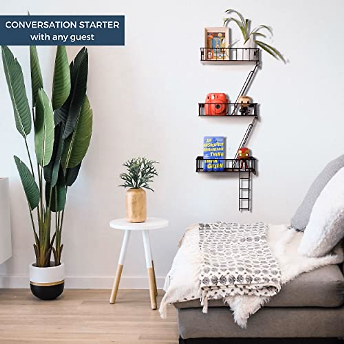 KOTIJOKI Fire Escape Wall Shelf - New York Metal Decorative Shelf with Screwdriver & Screws, Rustic Wall Shelves for Bedroom, Home Décor, Action Figure Display (3-Tier Black Floating Shelves)