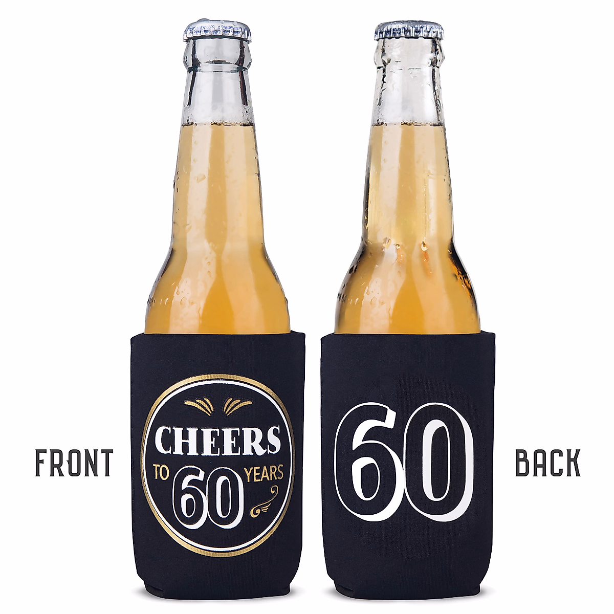 Prazoli Cheers to 60 Years Beer Can Coolers (12 Pack) - 60th Birthday Party Decorations & Supplies - Black & Gold | Perfect Men Anniversary Coolers Set for Parties