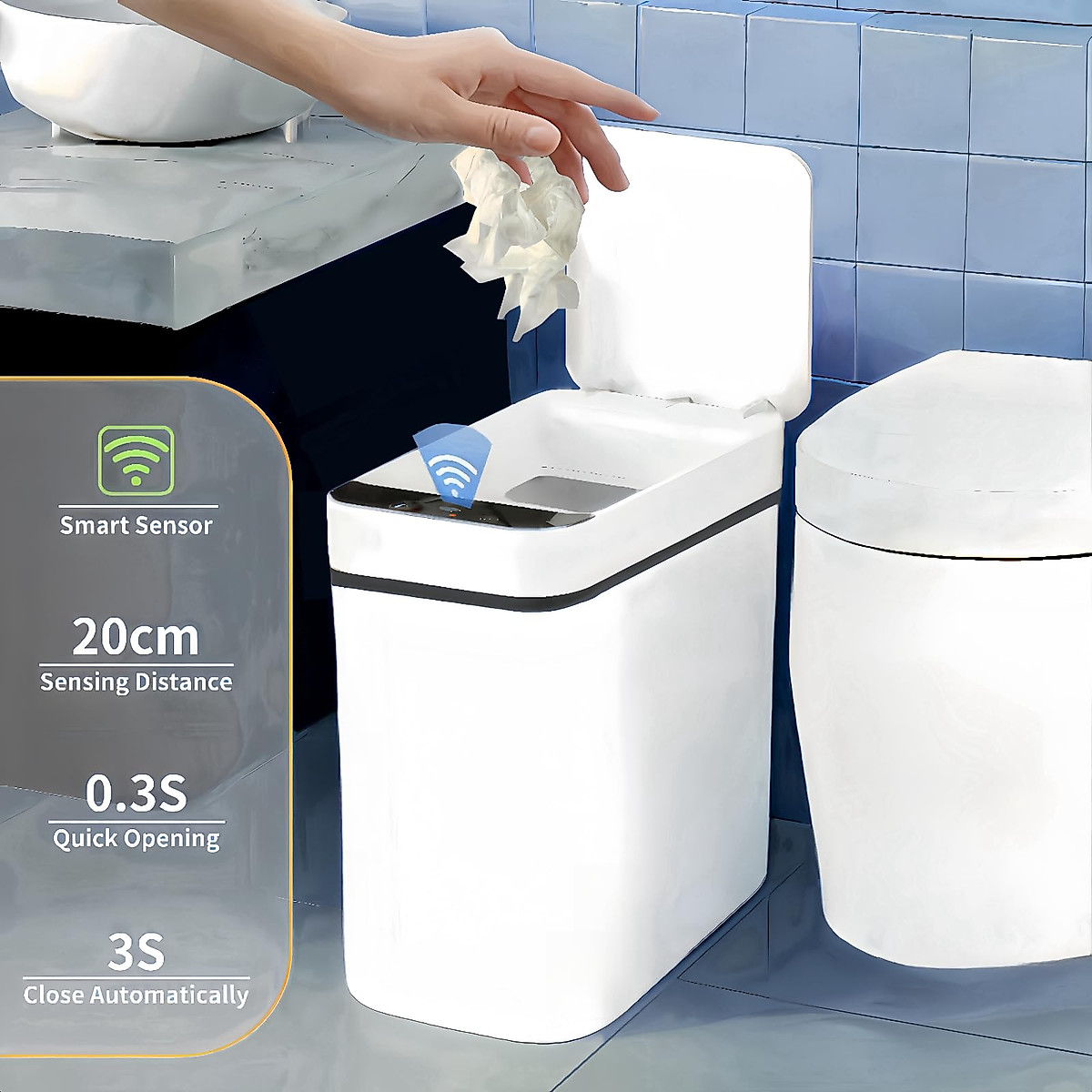 Nraykoley Bathroom Trash Can with Lid, 2 Pack 3.2 Gallon Touchless Bathroom Trash Can, Plastic Trash Bin, Slim Garbage Can with Quick Pop-Up Lid, Electric Smart Waste Can for Bedroom Office Kitchen