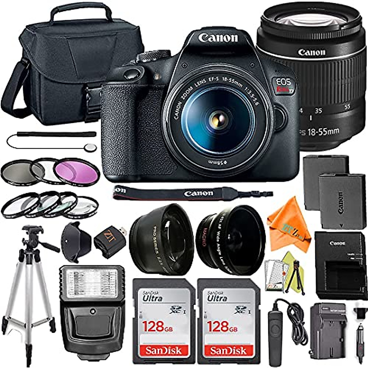 Canon EOS Rebel T7 DSLR Camera Bundle with EF-S 18-55mm f3.5-5.6 Zoom Lens + ZeeTech Accessory Bundle + 2 Pack SanDisk 128GB Memory Card + Filter Kit + Flash + Tripod, (Canon T7) (Renewed)