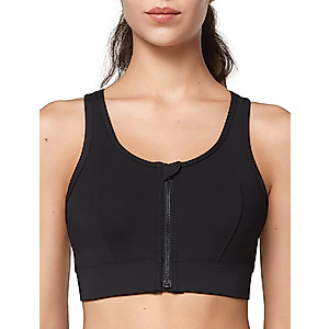 Yvette Zip Front Close Sports Bra - High Impact Full Support for Large Bust,Sewn in Pads,Wireless and Supportive, Black,M+