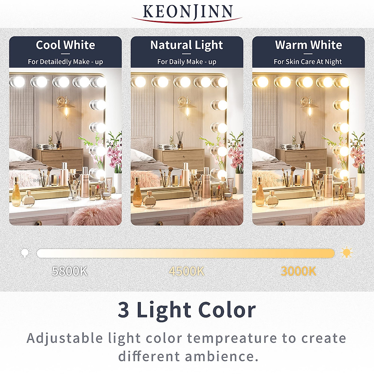 Keonjinn Gold Vanity Mirror with Lights, 15 Replaceable Bulbs Hollywood Makeup Mirror with 2 Replacement Bulbs, 3 Color Lights, Aluminum Metal Frame, USB Charging Port, 23" x 18" Large Lighted Mirror