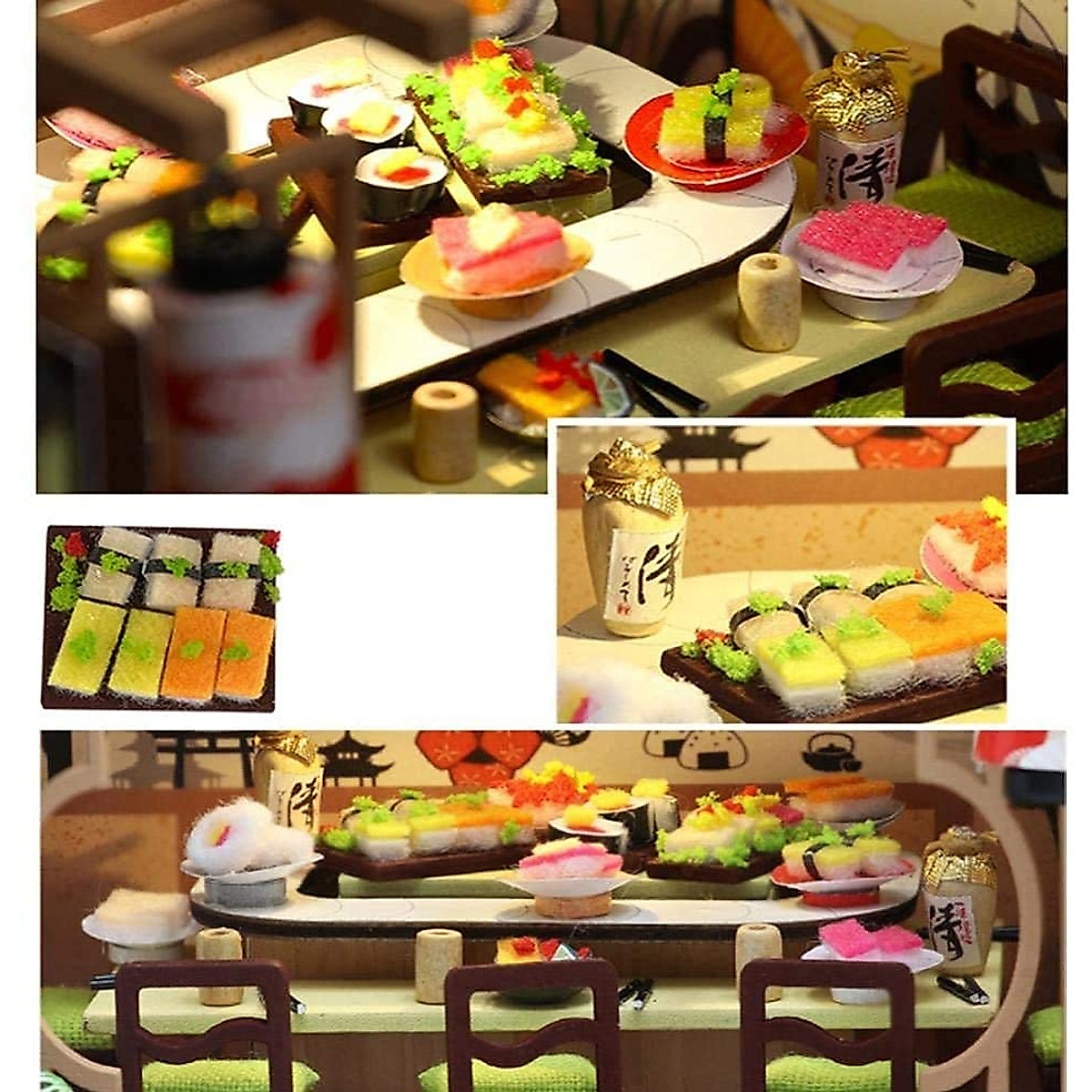 SYW DIY Miniature Dollhouse Kit with Furniture and LED Light，Japanese Sushi Shop Wooden Dollhouse, 1:24 Scale Creative Doll House Toys for Teen