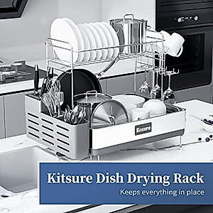 Kitsure Dish Drying Rack, 2-Tier Dish Rack for Kitchen Counter with Large Capacity, Rustproof Dish Drying Rack with Drainboard, Multifunctional Kitchen Drying Rack