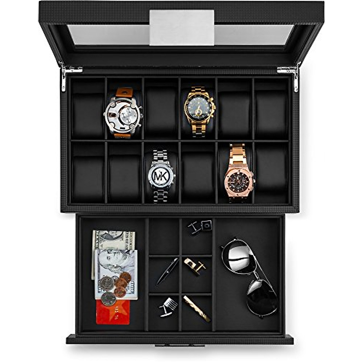 Glenor Co Watch Box with Valet Drawer for Men - 12 Slot Luxury Watch Case Display Organizer, Carbon Fiber Design - Metal Buckle for Mens Jewelry Watches, Men's Storage Boxes Holder has Large Glass Top