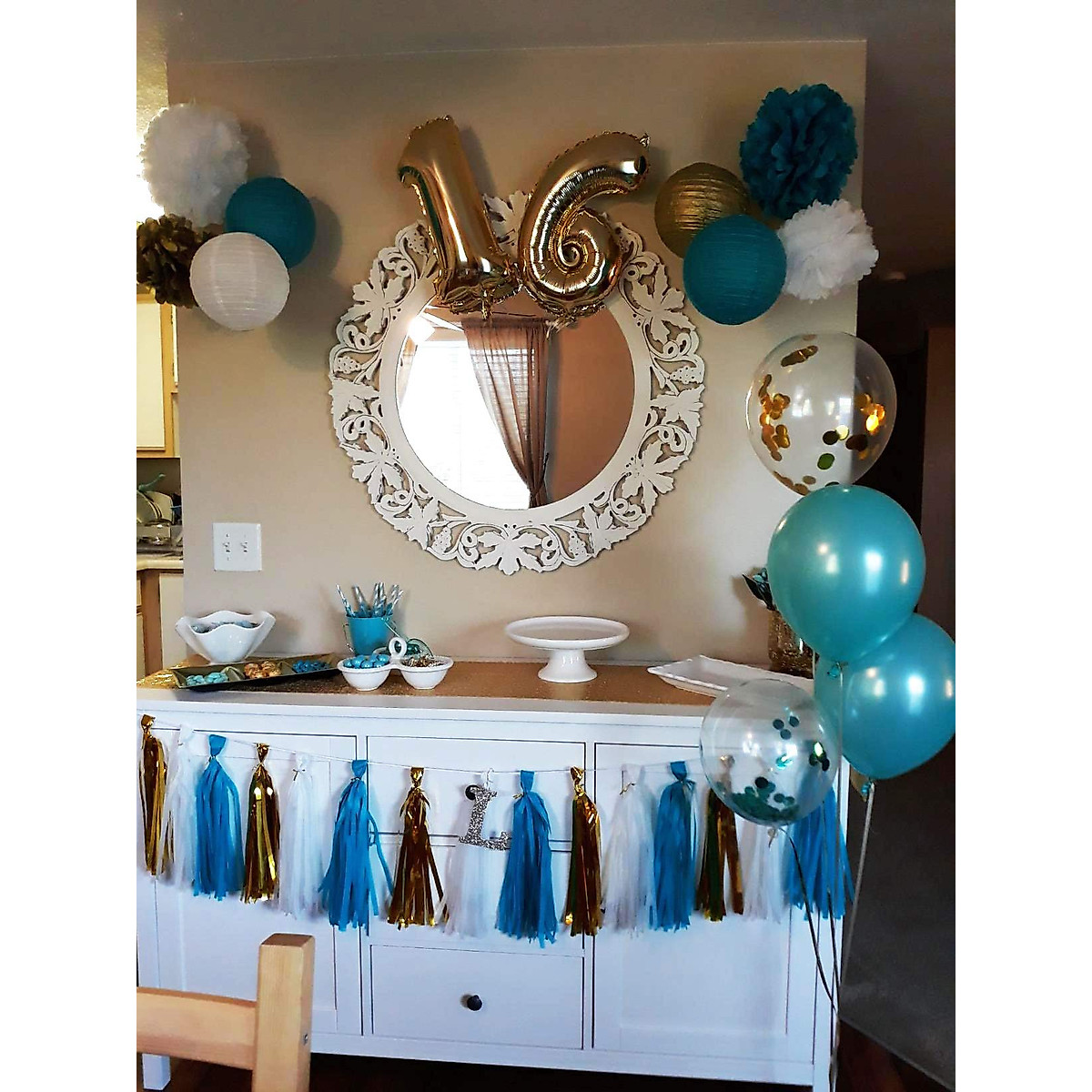 Furuix Bride Shower Decorations Bride to Be Banner White Teal Gold Tissue Pom Pom Paper Lanterns Tassel Garland for Hen Party/Bachelorette Party Decorations Kit - Bridal Shower Supplies