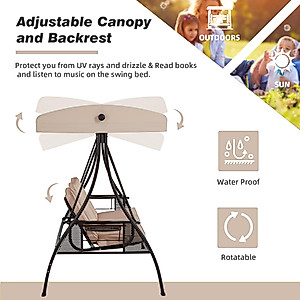 HOMREST 3 Seat Outdoor Porch Swing,Adjustable Canopy Porch Swings,Outdoor Swing with Stand, Patio Glider Chair with Thicken Cushions,Pillow & Cup Holder(Khaki)