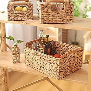 Water Hyacinth Storage Basket Hand-Woven Storage Baskets with Wooden Handle Decorative Wicker Storage Basket for Organizing Bathroom/Bedroom/Laundry Room/Pantry