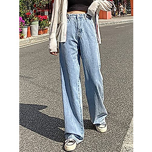 LQI Women's High Waist Baggy Boyfriend Jeans Distressed Wide Leg Denim Pants Blue