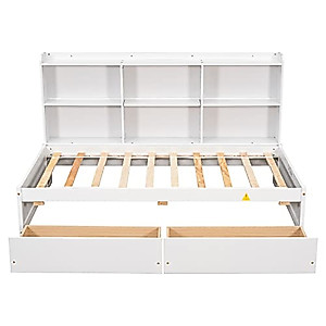 HomSof Twin Bed with Side Bookcase, Drawers,White