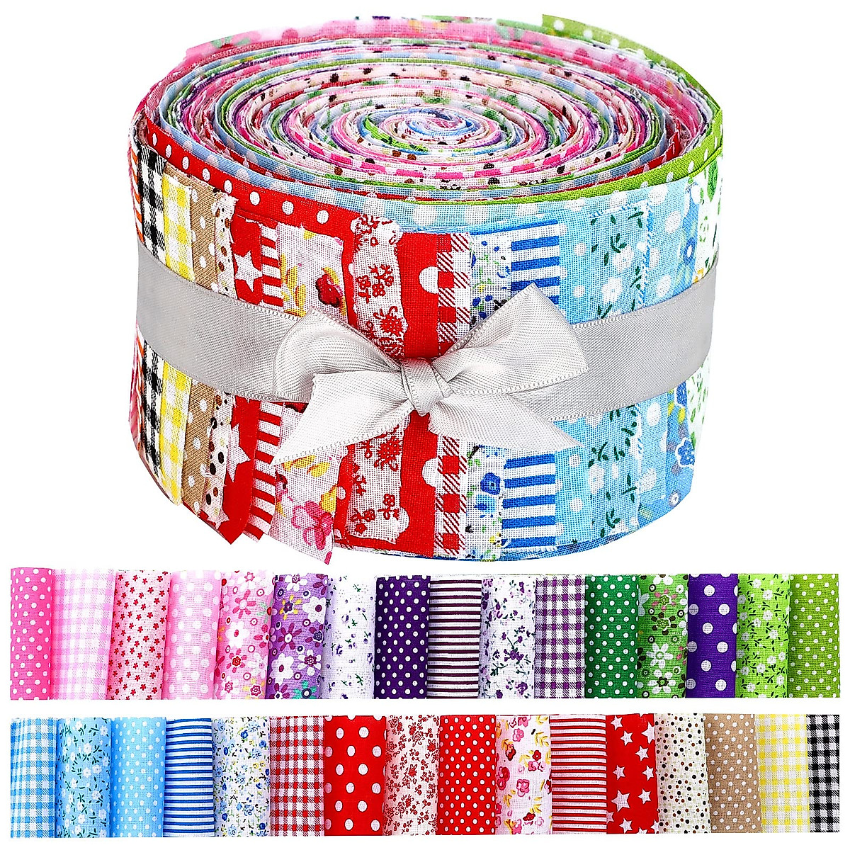 40 Pcs Floral Cotton Fabric Patchwork Roll Cotton Quilting Fabric Roll up Cotton Fabric Quilting Strips 2.55 Inch Precut Patchwork Roll for Craft Sewing DIY Crafts (Stripe Floral)