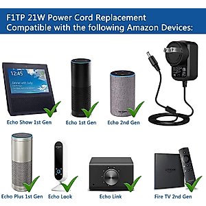 F1TP 21W Power Cord Replacment for Amazon Alexa Echo 1st 2nd Generation, Echo Show 1st Gen, Echo Plus 1st Gen, Echo Look, Echo Link, Fire TV 2nd Gen, 6.6ft Replacement Cord 15V Power Adapter