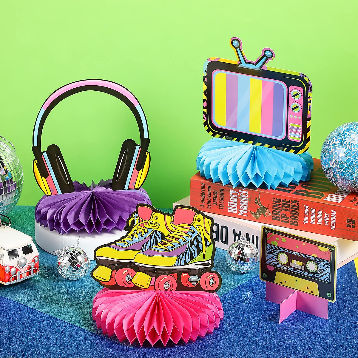 Pasimy 16 Pcs 80s Themed Honeycomb Centerpieces, 1980's Hip Hop Party Favors Retro Birthday party Table Toppers Centerpiece Photo Booth Props Decorations for Nostalgic Party Rock Hippie Party Supplies