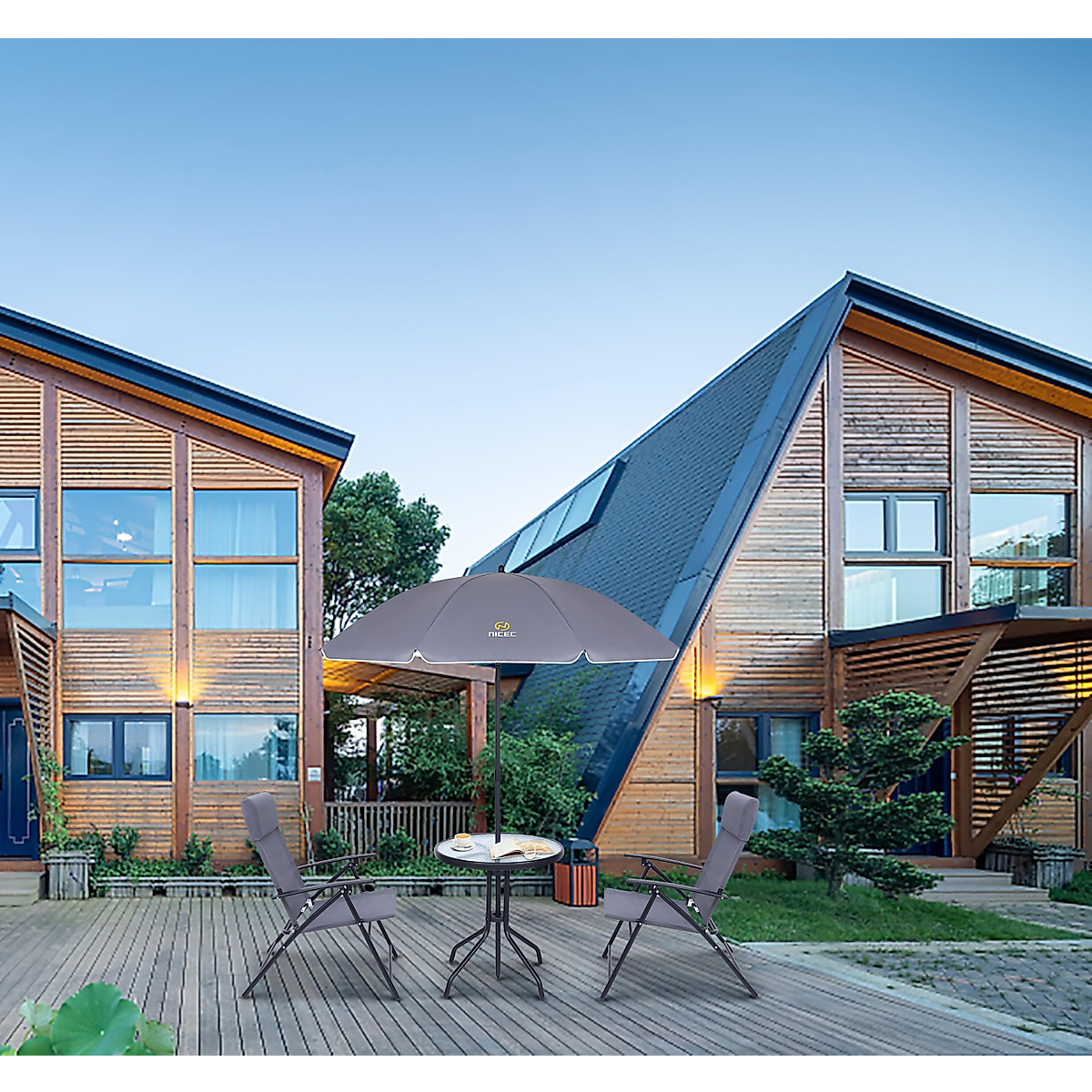 Nice C Patio Set with Umbrella, Outdoor Dinning Set, Patio Furniture Set, Table and Chairs, 4-Piece Garden Furniture Set, Glass Table, 2 Folding Chairs and Tilt Umbrella (Grey)