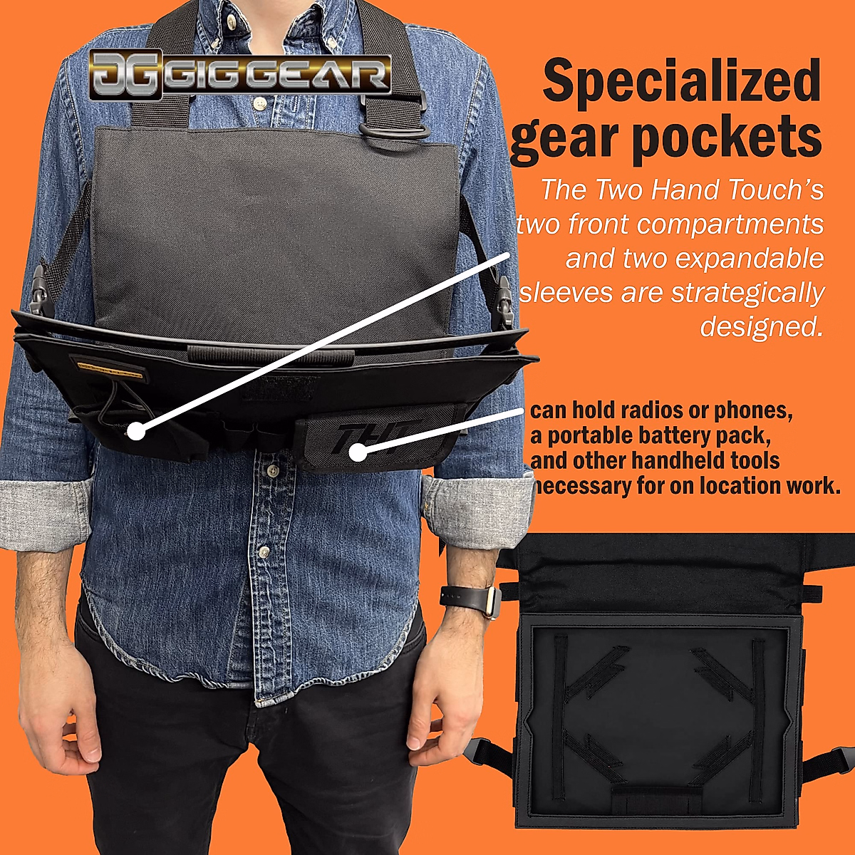 Gig Gear Two Hand Touch Tablet Chest Harness for iPad and Samsung Tablets - Rugged Tablet Carrying Case with Strap and Compartments - Heavy Duty iPad Chest Mount for 12.9 Inch Mobile Device (Black)