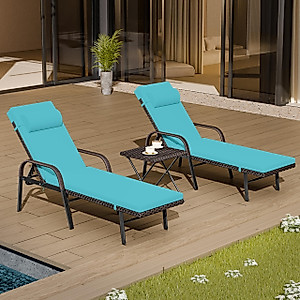 ASJMR Patio Chaise Lounge Set 3 Pieces Outdoor Lounge Chair with Rattan Adjustable Backrest Armrest and Folding Table for Beach Patio,Sand, for Poolside Backyard Porch