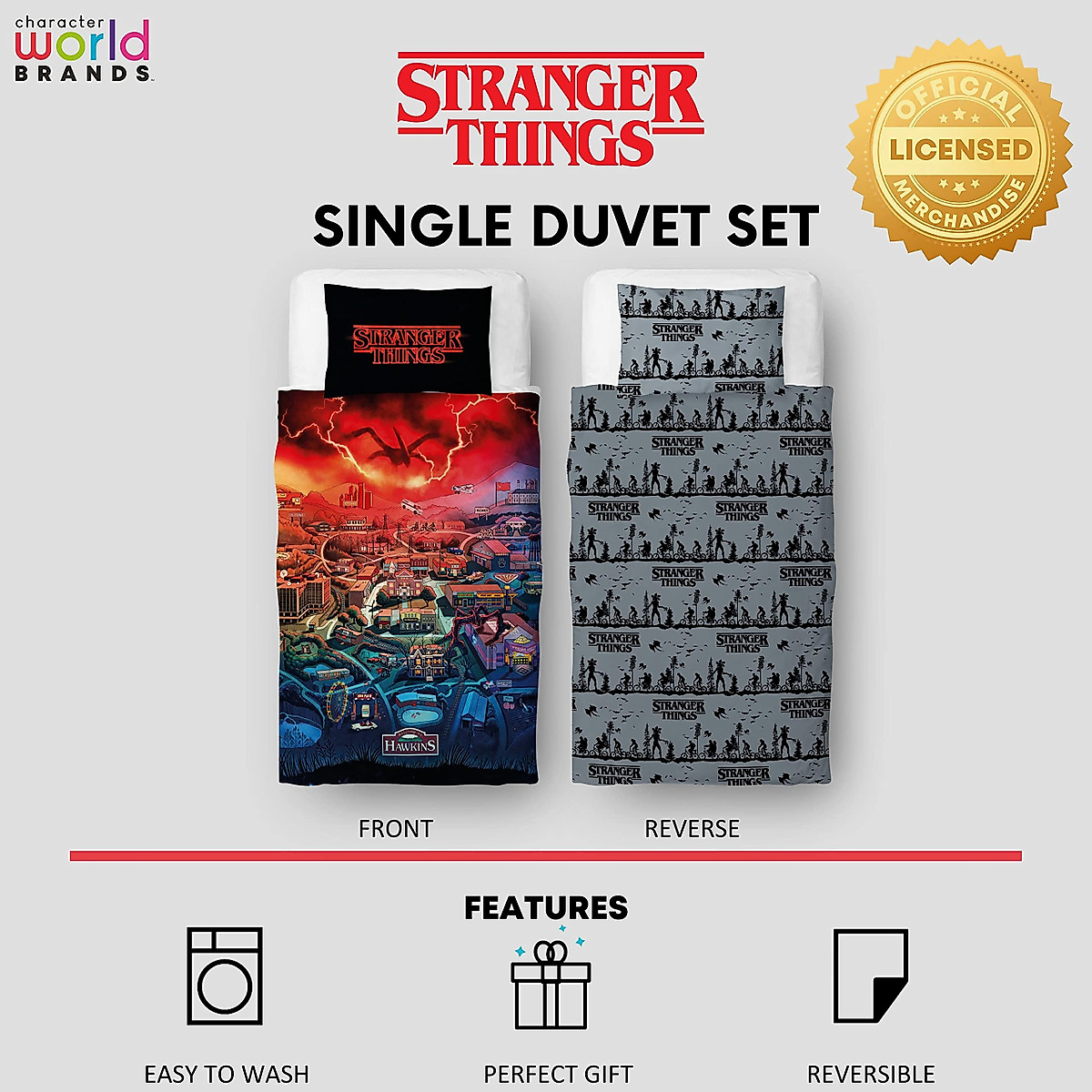 Stranger Things Character World Official Single Duvet Cover | Hawkins Town Map Design, Reversible Easy Care Bedding 2 Sided Duvet Quilt Set with Matching Pillow Case, Multicolour Print