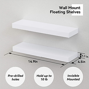 Boswillon 14.9 in White Floating Shelves Set of 2, Wall Mounted Small Shelves, Modern Hanging Shelf for Wall Decor, Display Wall Storage Shelves for Living Room, Bedroom, Bathroom, Kitchen - White