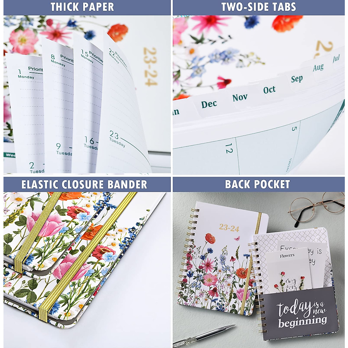 Planner 2023-2024 - Academic Planner 2023-2024, Jul.2023 - Jun.2024, 2023-2024 Planner, 2023-2024 Planner Weekly & Monthly with Tabs, 6.4" x 8.5", Hardcover + Back Pocket + Twin-Wire Binding, Daily Organizer - Flowers