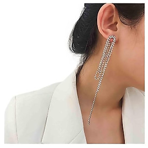 Yheakne Rhinestone Tassel Ear Jacket Earrings Long Rhinestone Chain Earrings Silver Crystal Tassel Earrings Vintage Chandelier Chain Earrings Luxury Statement Earrings Jewelry for Women and Girls Gifts