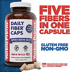 Yerba Prima Daily Fiber Caps Formula, 400 Capsules - Both Soluble and Insoluble - with Psyllium Seed Husks, Acacia Gum, Apple Fiber and More - Dietary Supplement