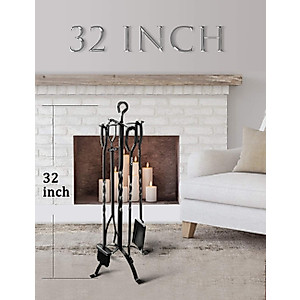 EVOLLY 5 Pieces Fireplace Tools Set 32Inch Heavy Duty Wrought Iron Fire Place Tool Set Fireplace Toolset for Fireplaces, Fire Pits, Hearth Accessories Including Tongs, Shovel, Stand, Poker & Broom
