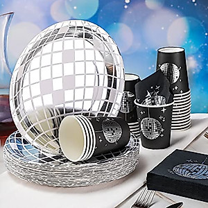 70s Disco Party Supplies Includes 50 Pcs Silver Disco Ball Paper Dinner Plates 50 Pcs Disco Paper Cups 50 Pcs Disco Party Cocktail Napkins for Disco Wedding Party Picnic Travel (Black and Silver)