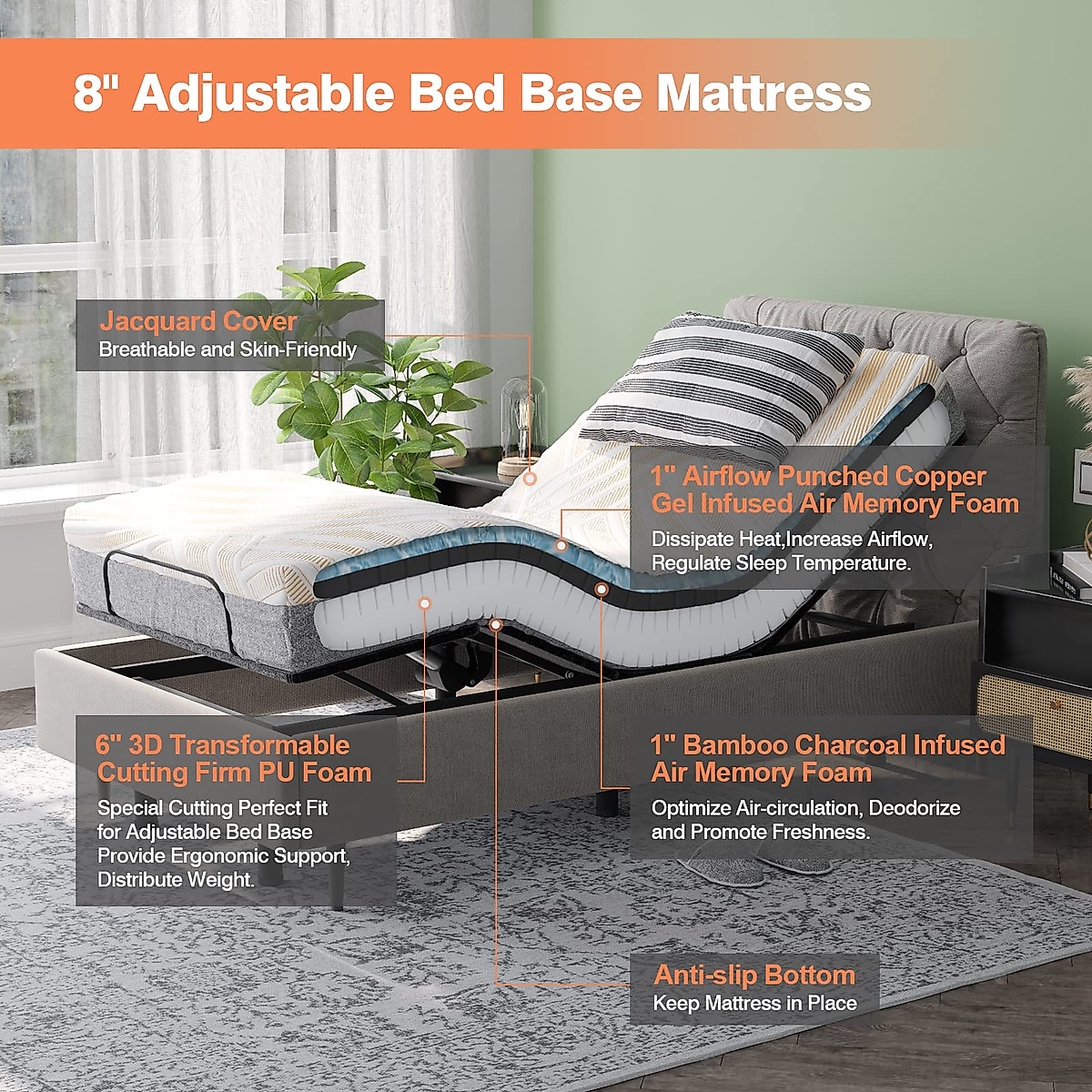 KOMFOTT 8 Inch Adjustable Bed Mattress Twin XL, 3D Transformable Cutting Mattress with Copper Gel Infused Air Memory Foam & Bamboo Charcoal Memory Foam, Mattress in a Box with CertiPUR-US Certified