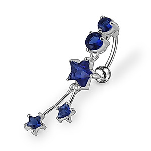 Dark Blue CZ Crystal Stone Two Round and Triple Star Dangling Reverse Bar 925 Sterling Silver Belly Ring Body jewelry