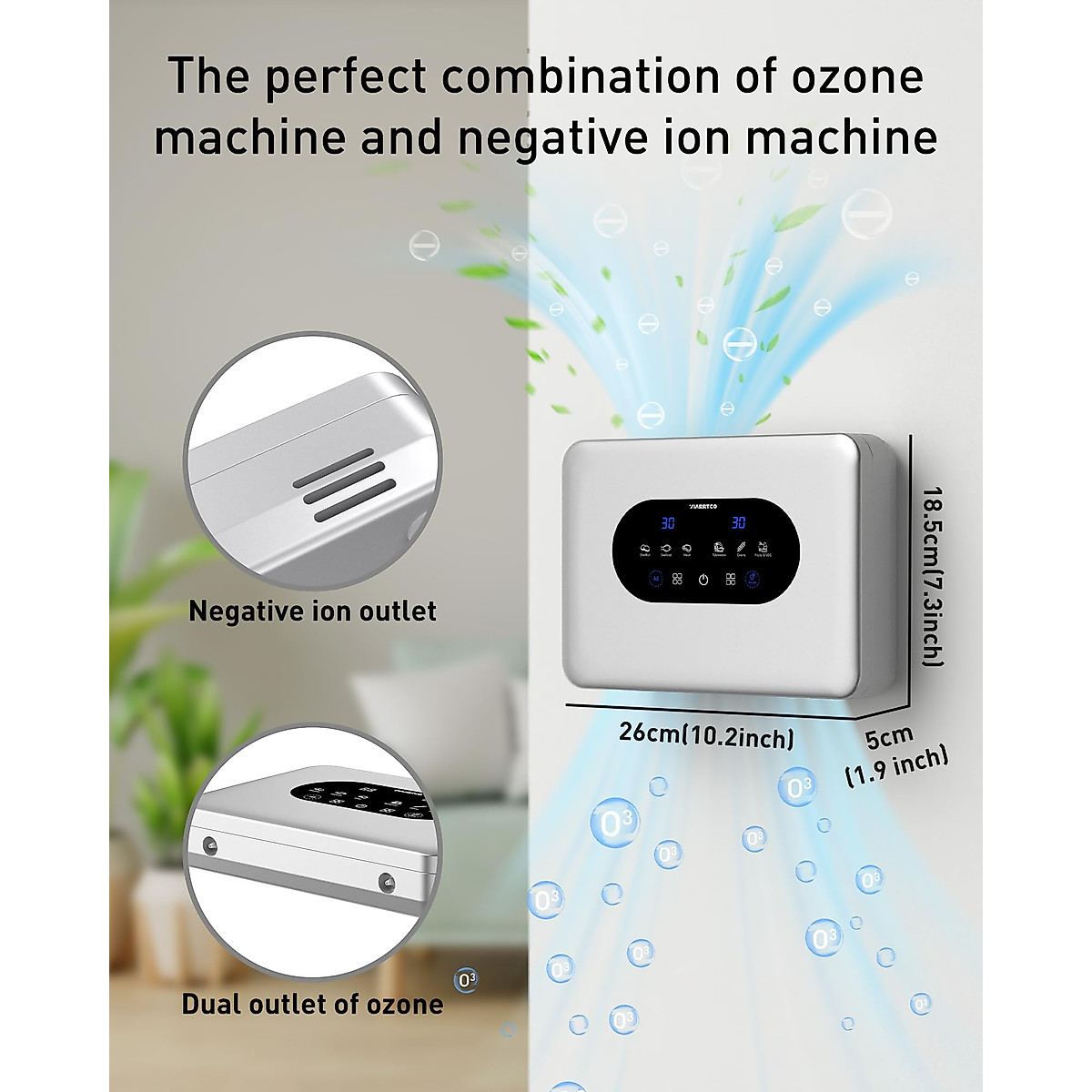 Portable Ozone Machine Generation for Water and Air, with Dual Outlets, Negative Ion and Timer，Silver