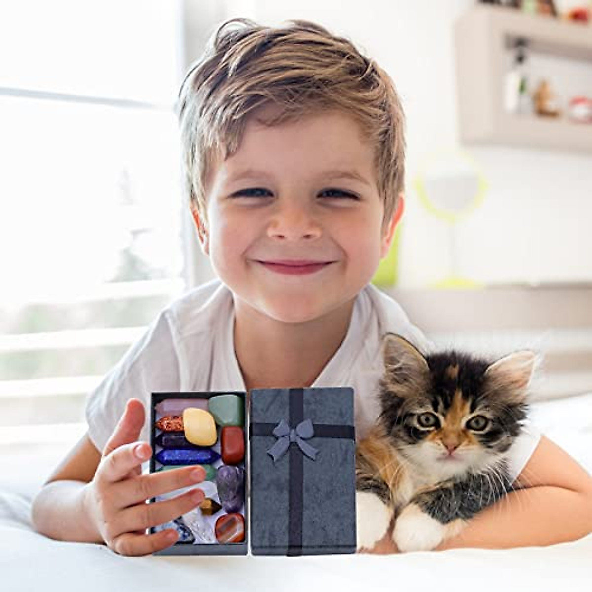 Crystal Chakra Yoga Stone, Natural Crystal Hexagonal Column, Spiritual Meditation Therapy Tumbled Stones, DIY Gift Box Decoration Matching Set (Black)