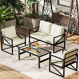 PAKASEPT Patio Furniture Set, 4 Pieces Aluminum Outdoor Furniture Patio Couch Conversation Sets, Patio Set with Sofa and Coffee Table for Porch Deck Garden Balcony Backyard Living Room