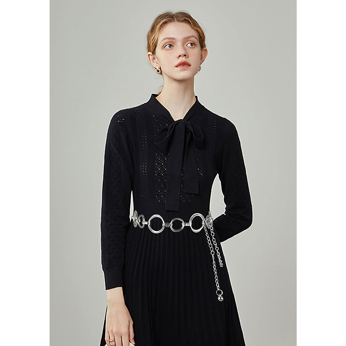 LABANCA Womens Metal Chain Dress Belt Hollow Out Ring Sweater Belt Decorated Skinny Waist Belt Silver