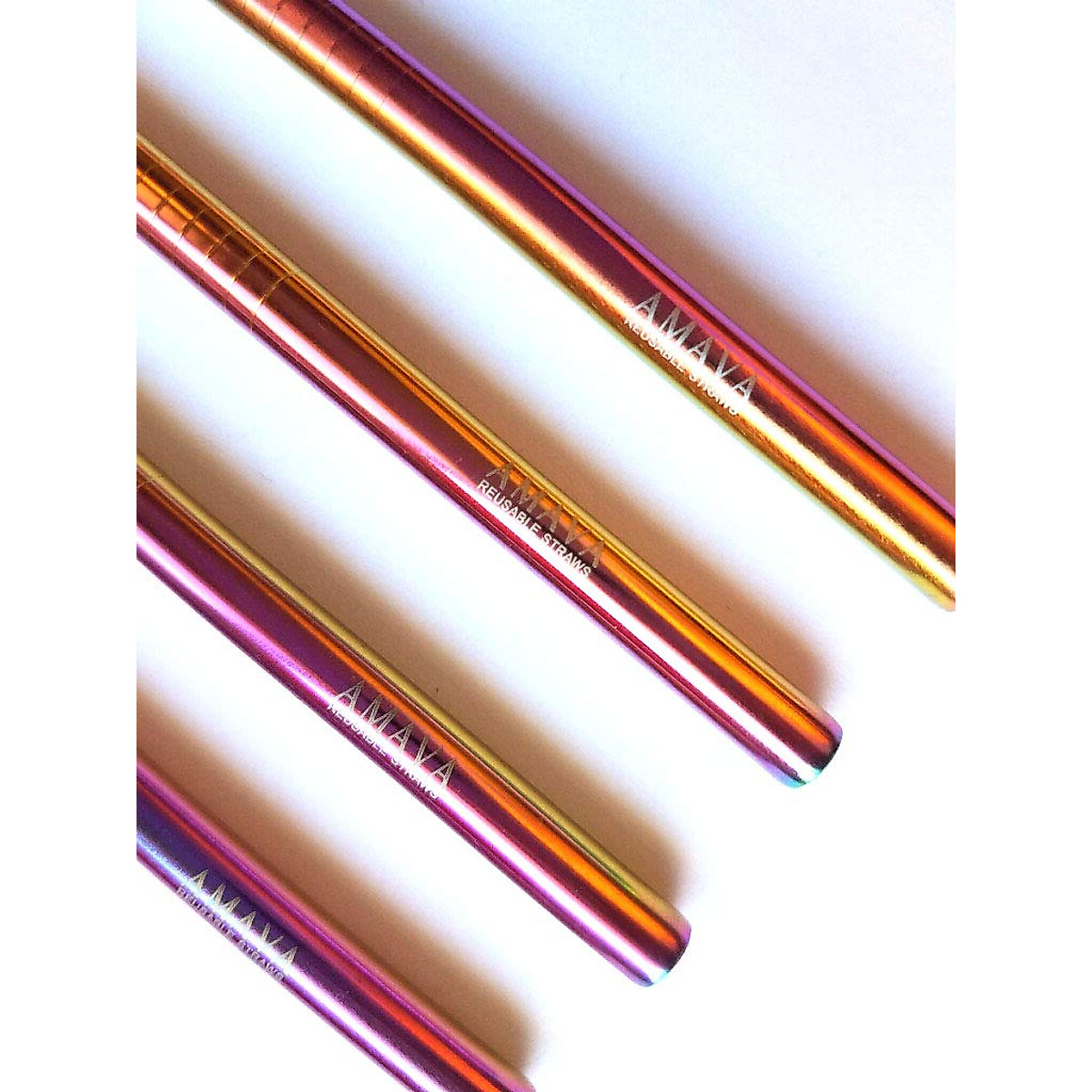 Reusable Straws Set, Stainless Steel Metal, Colorful, Includes 8 Straws, 4 Silicone Tips, 2 Cleaning Brushes, and 2 Travel Pouches, Draw String Bag and Wrap Bag for Hot & Cold Drinks