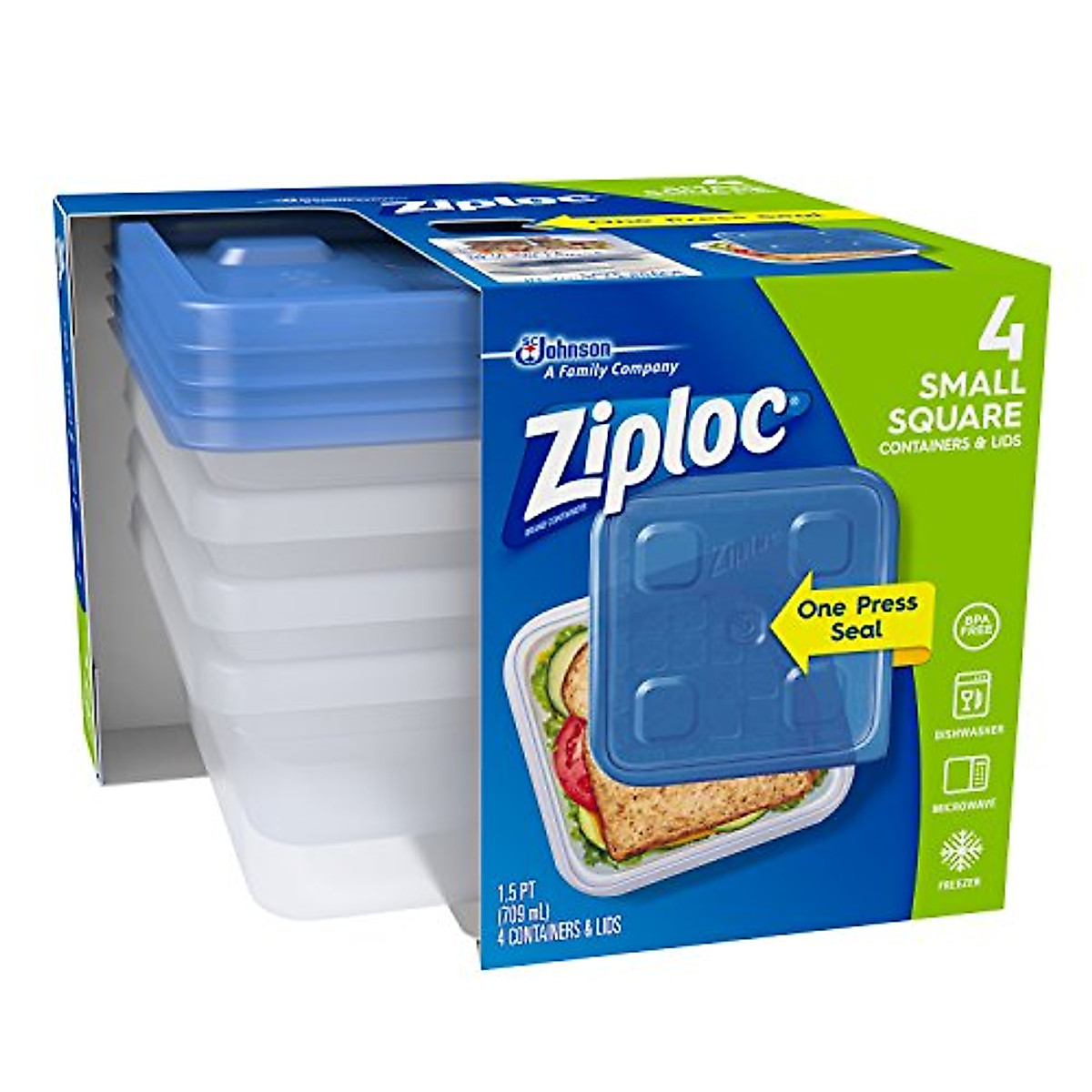 Ziploc Food Storage Meal Prep Containers with One Press Seal, for Travel and Organization, Dishwasher Safe, Small Square, 4 Count