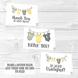 24 Clothesline Baby Shower Thank You Cards With Envelopes, Girl or Boy Sprinkle Thank-You Note, 4x6 Gratitude Card Gift For Guest Pack, Gender Neutral Reveal DIY So Grateful Varied Event Stationery