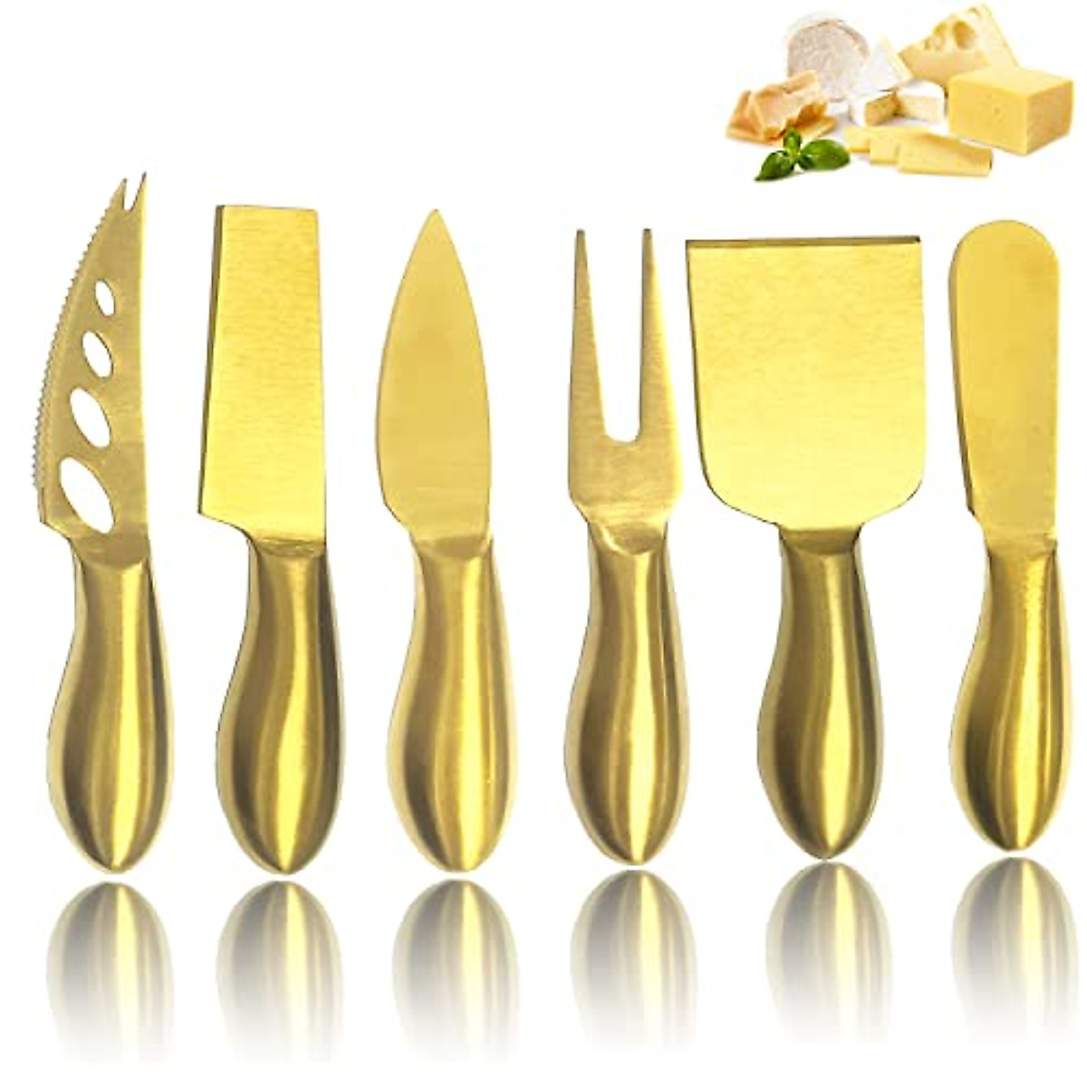 Matte Gold Cheese Knife Set for Platter Accessories - Stainless Steel 6 piece Charcuterie Board Utensils - Brass Cheese Butter Spreader Knife Fork Cutter Slicer - Housewarming Christmas Gift